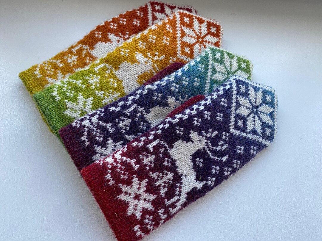 Rainbow Double Knit Mittens, Christmas Wool Mittens, Winter Double ...