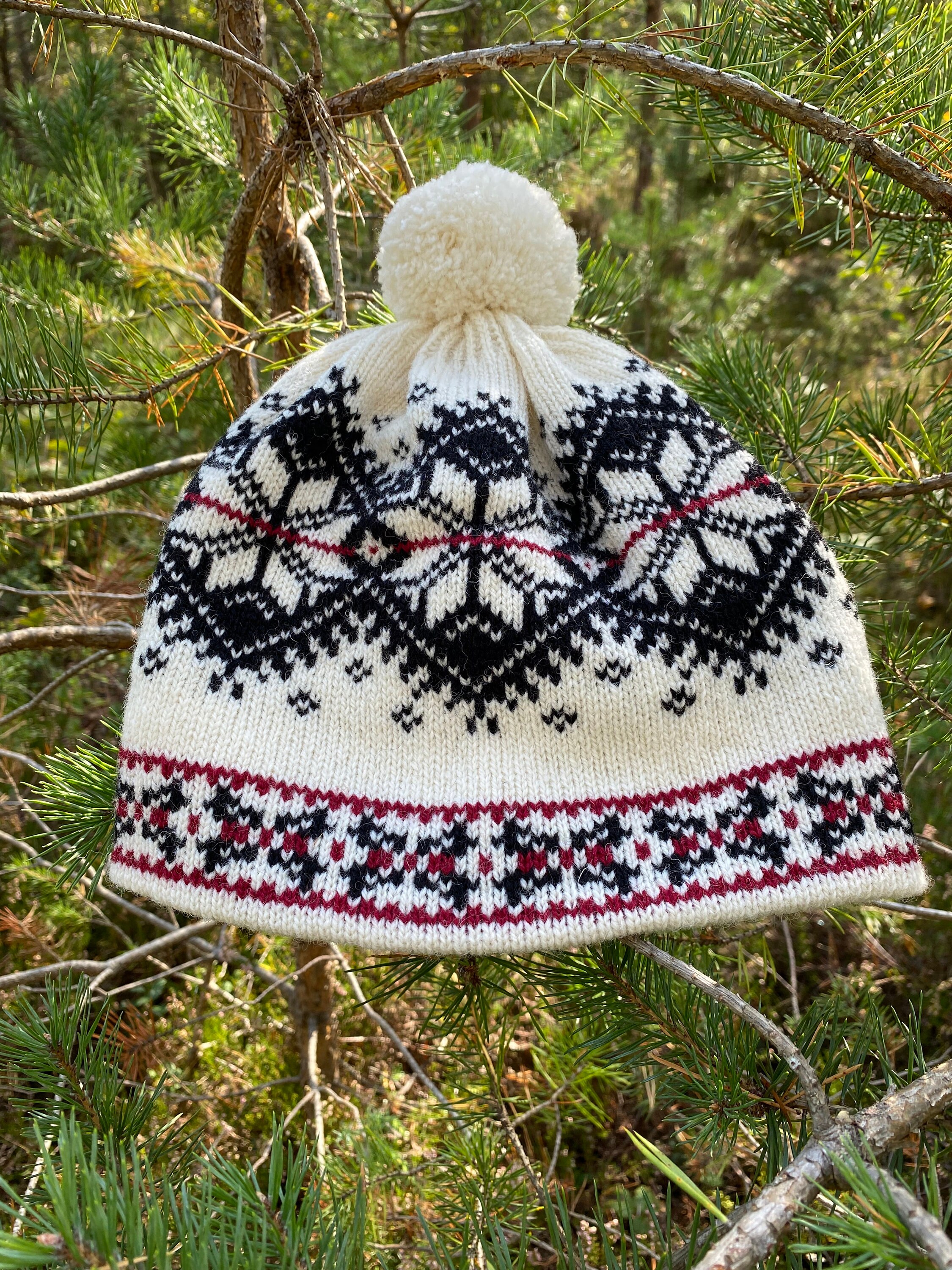 Norwegian White Wool Knit Lined Hat: Unisex Snowflake Winter Pom Pom ...