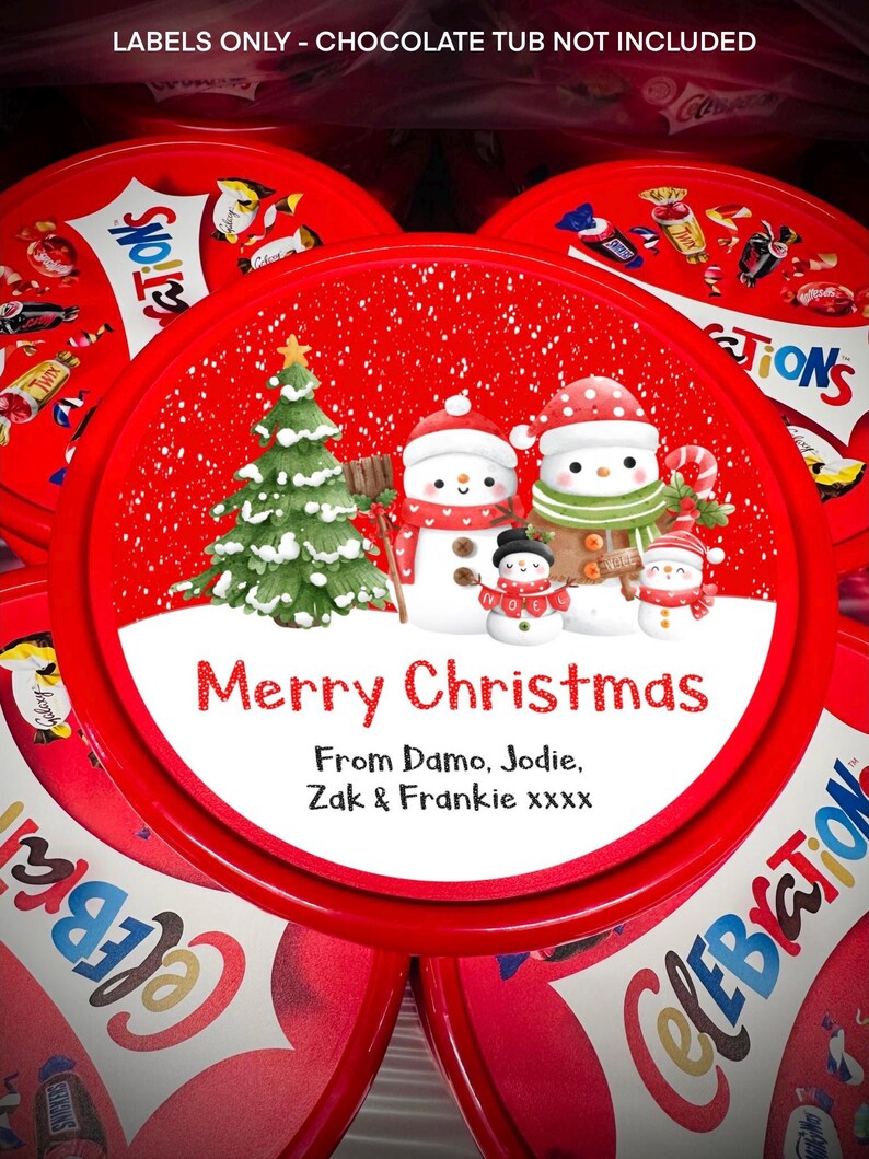 Personalised Christmas Chocolate Tub Labels | Custom Snowman Family ...