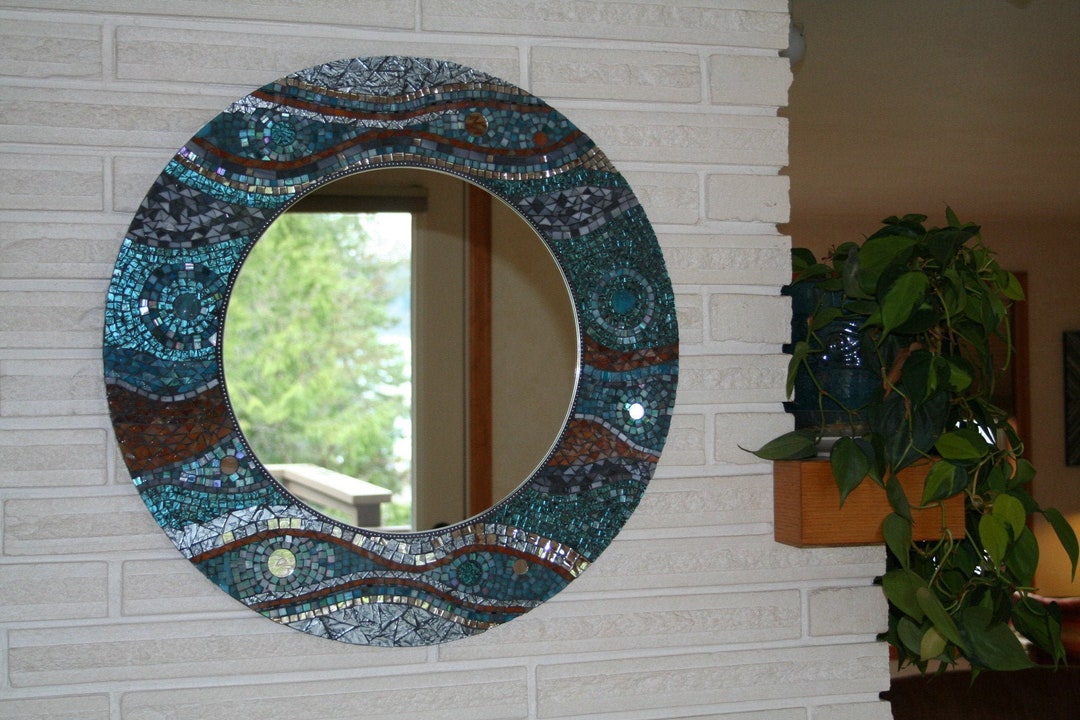 NEW waves Mosaic Design Stained Glass Mosaic Mirror in Hues of Silver ...