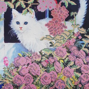 White Cat Bead Embroidery Kit Kitten With Flower Needlepoint Tapestry ...