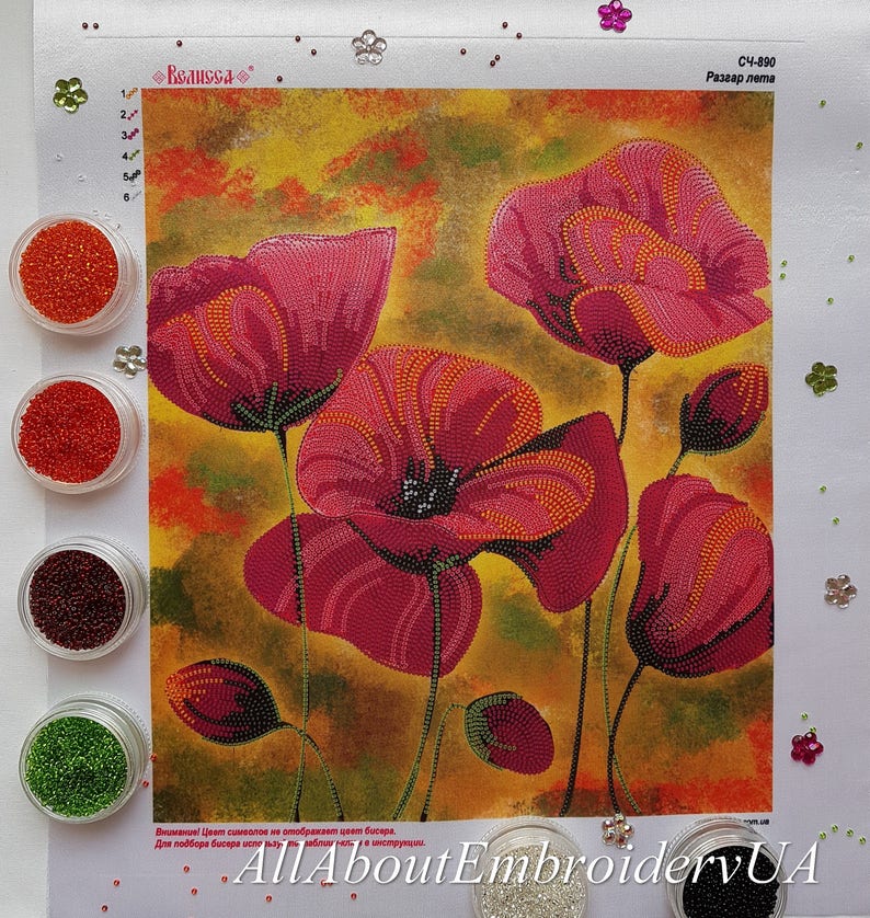 Bead Embroidery Kit Red Poppies Beaded Stitching Floral - Etsy