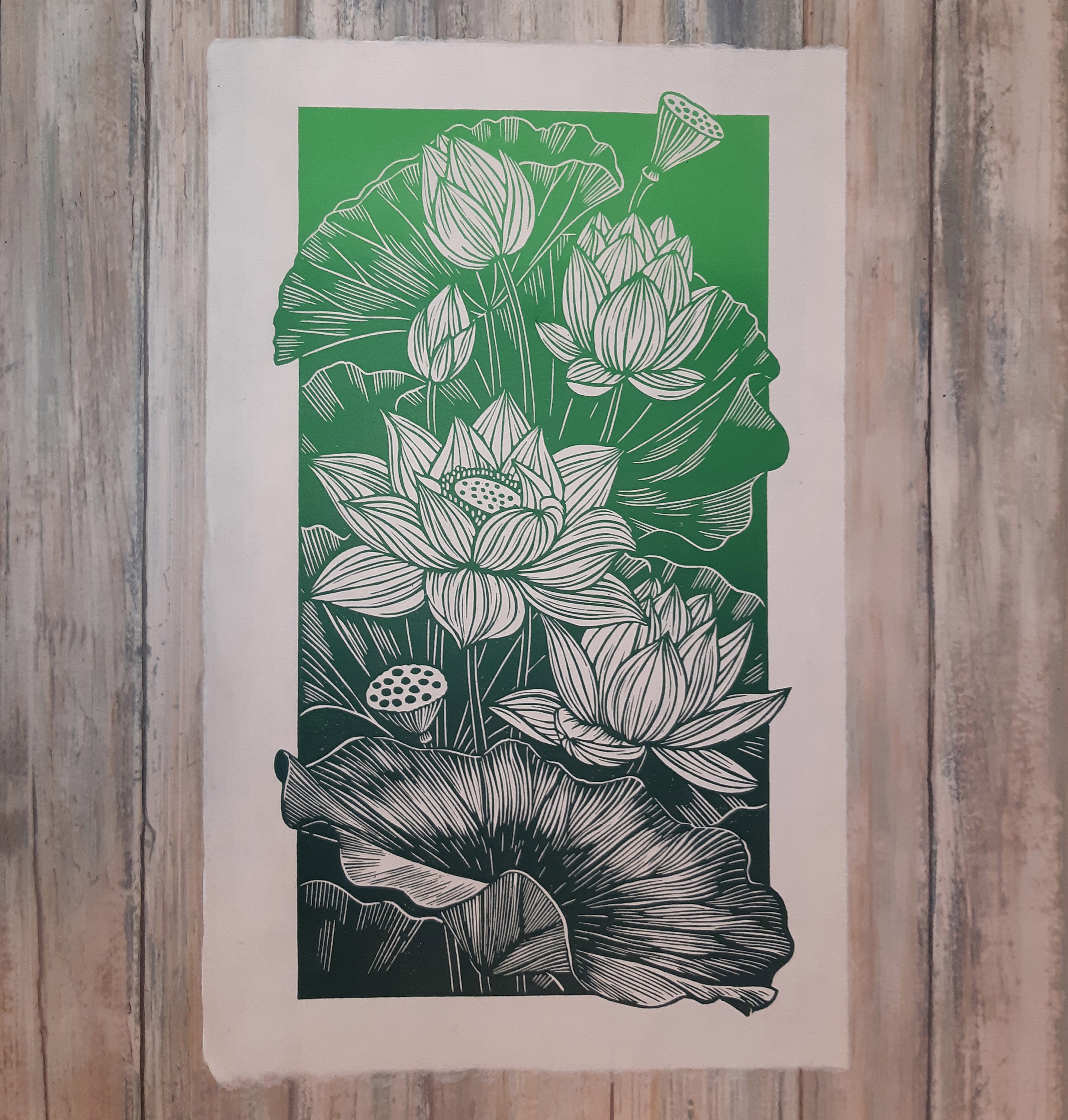 Wood & Linocut Prints Art & Collectibles Scarlet Lotus Original Lino ...
