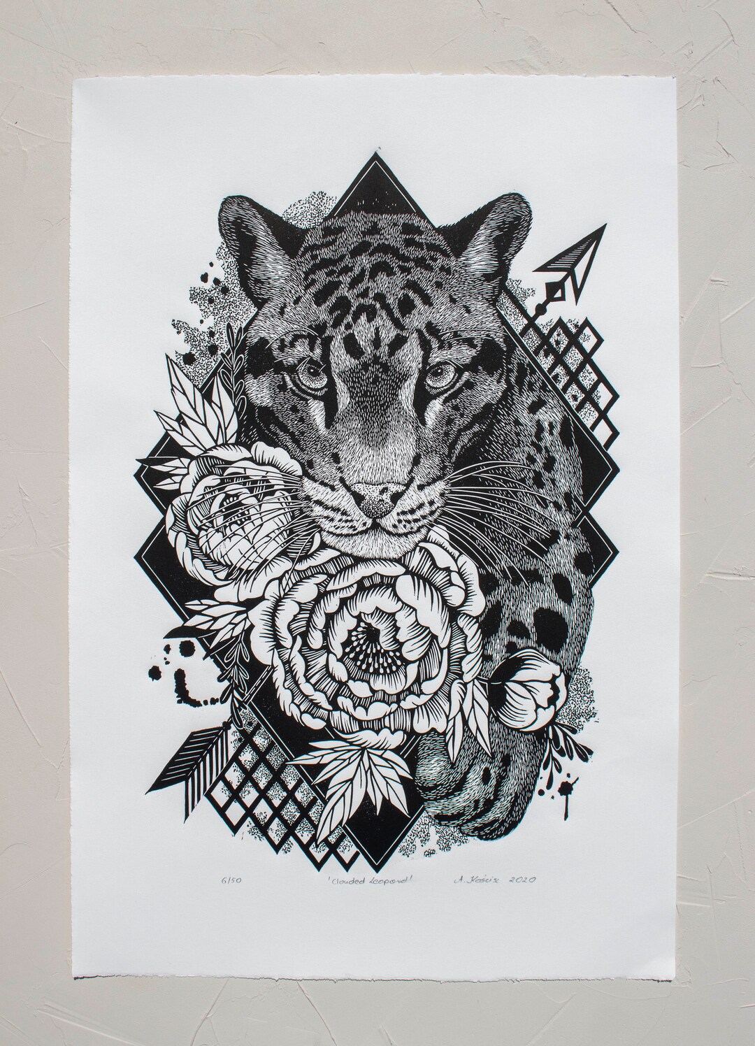 Clouded Leopard Linocut Print: Hand-printed Relief Art (22x15 Inches ...