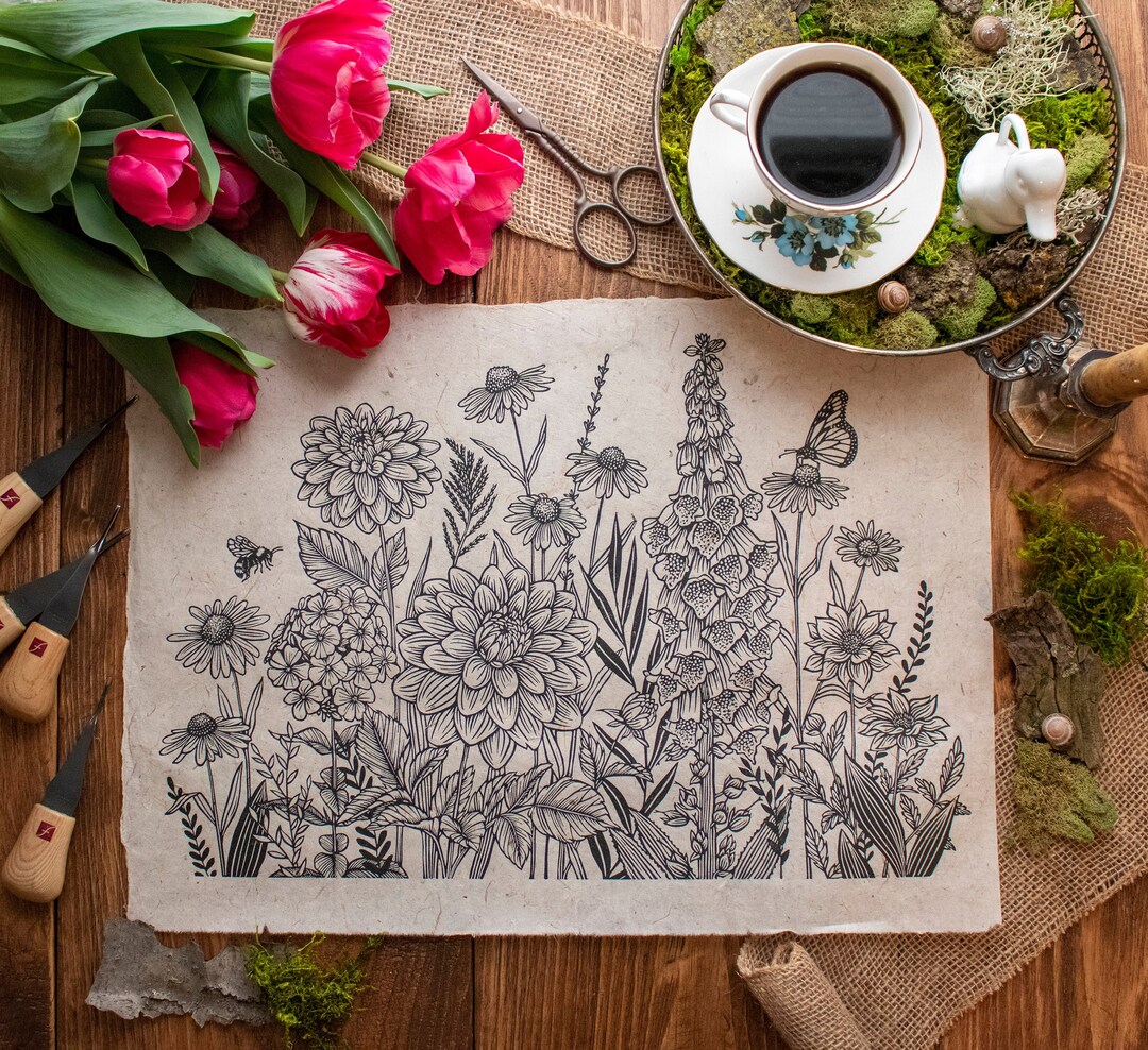 Summer Garden, Original Lino Print, Wall Decor, Wall Art, Floral, - Etsy