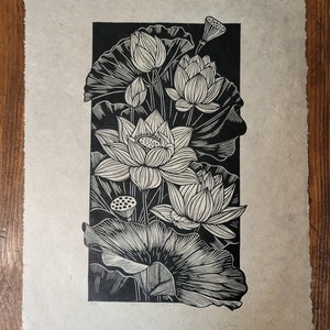 Lotus, Lino Print on Paper, Hand Printed, Signed, Contemporary Wall Art ...