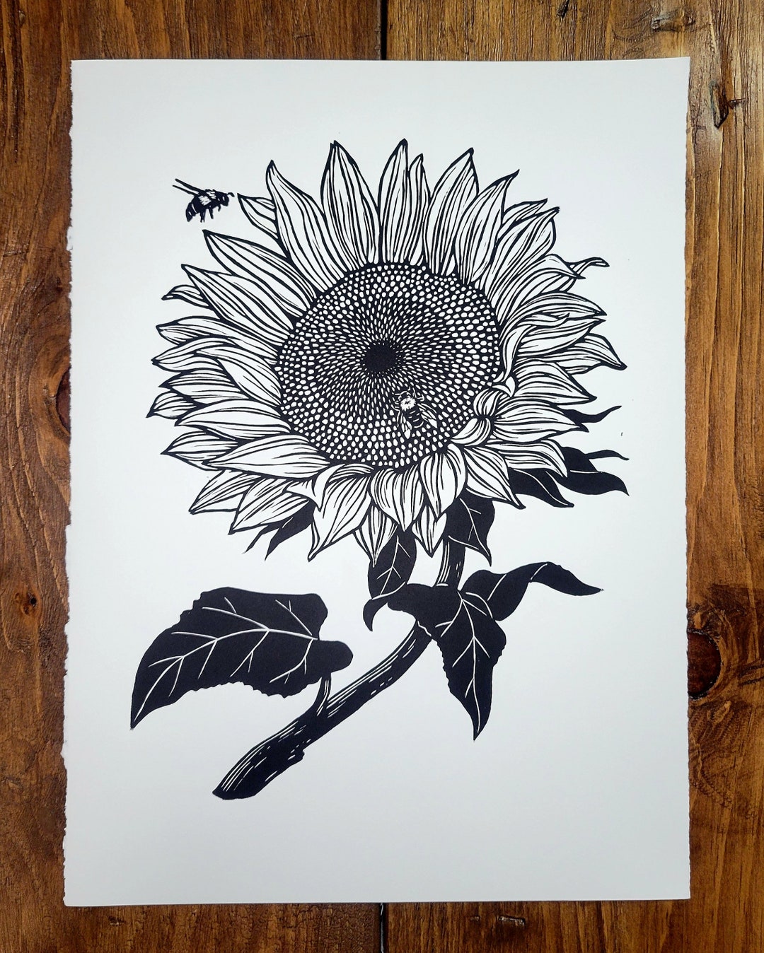 Sunflower Linoleum Print, Relief Print, Hand Printed, Signed, 10 X 14. ...