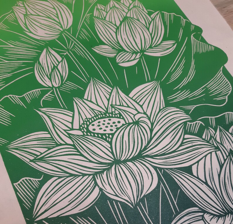 Lotus, Lino Print on Paper, Hand Printed, Signed, Contemporary Wall Art ...
