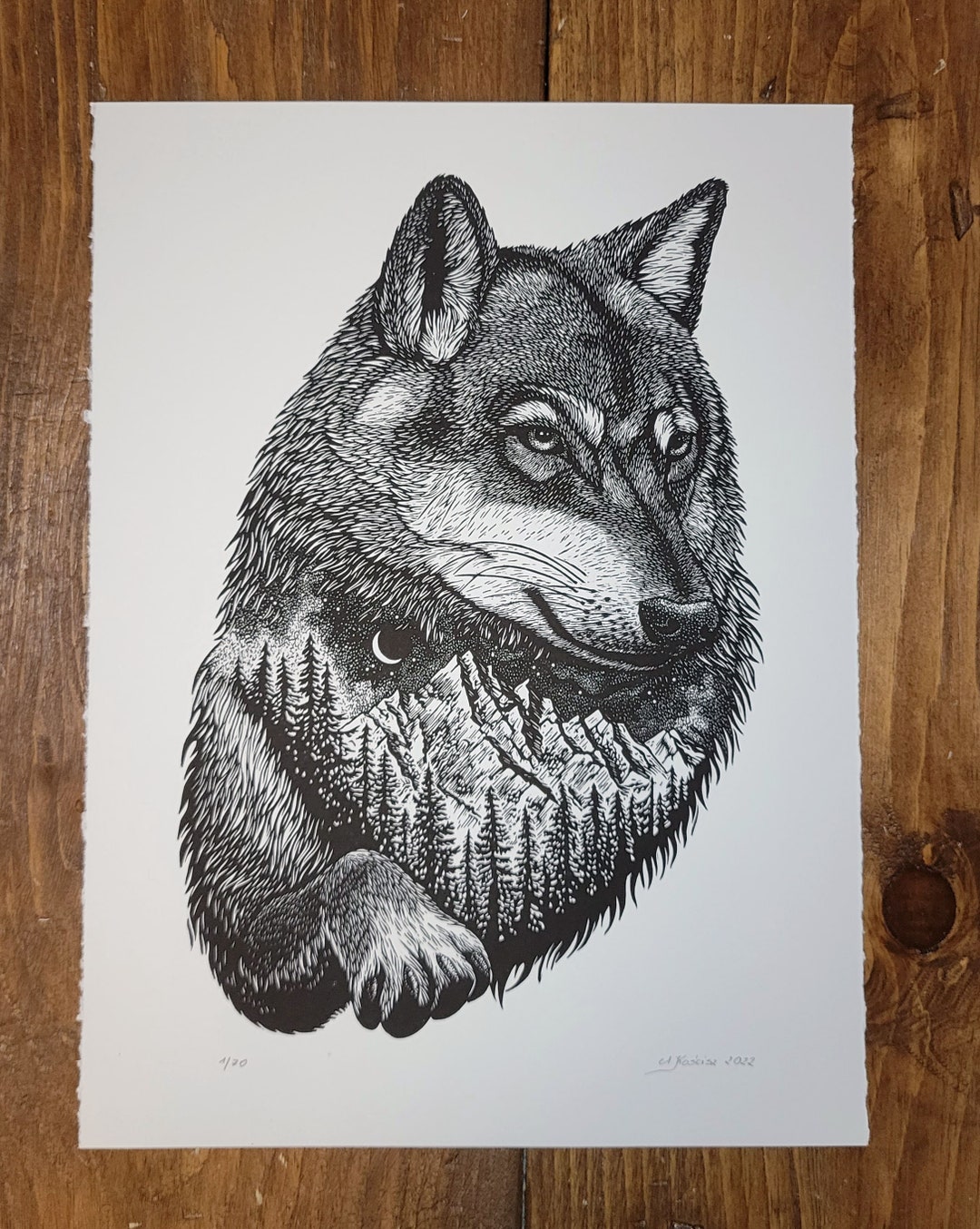 Mountain Wolf, Lino Print on Paper, Relief Print, Hand Printed, Signed ...