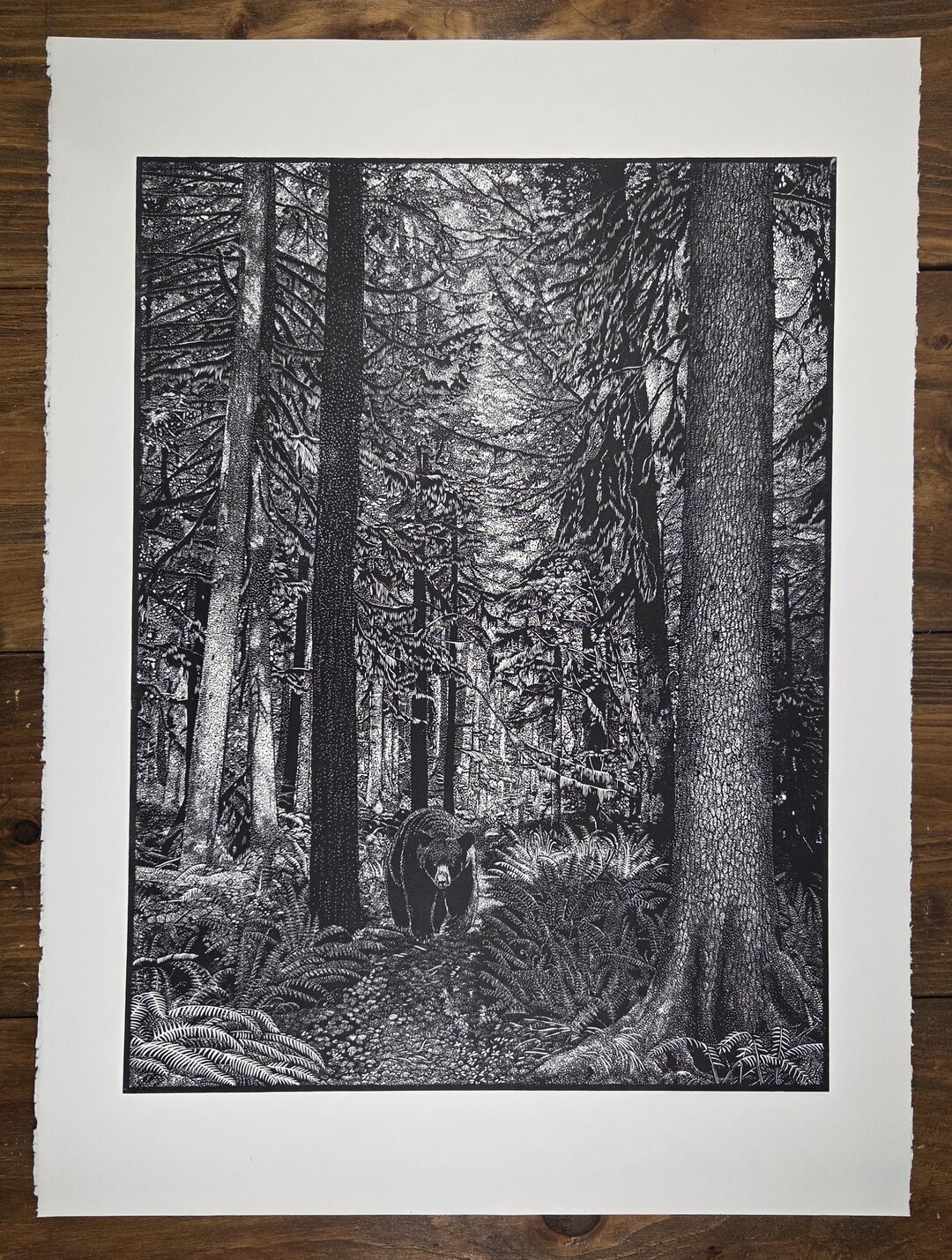 Forest Guardian Linocut Print, Bear in Woods, Hand Printed Relief Art ...