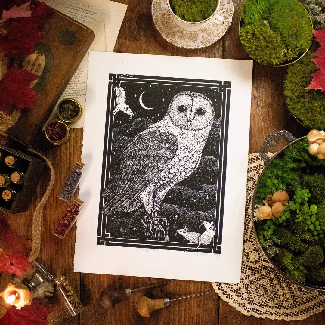 Midnight Owl Lino Print, Relief Print, Hand Printed, Signed, 15 X 11 ...
