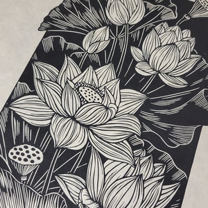 Lotus, Lino Print on Paper, Hand Printed, Signed, Contemporary Wall Art ...