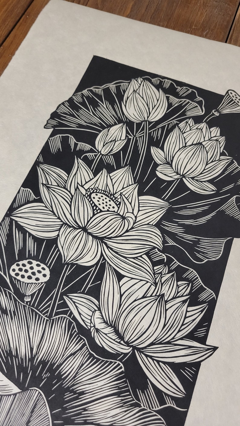 Lotus, Lino Print on Paper, Hand Printed, Signed, Contemporary Wall Art ...