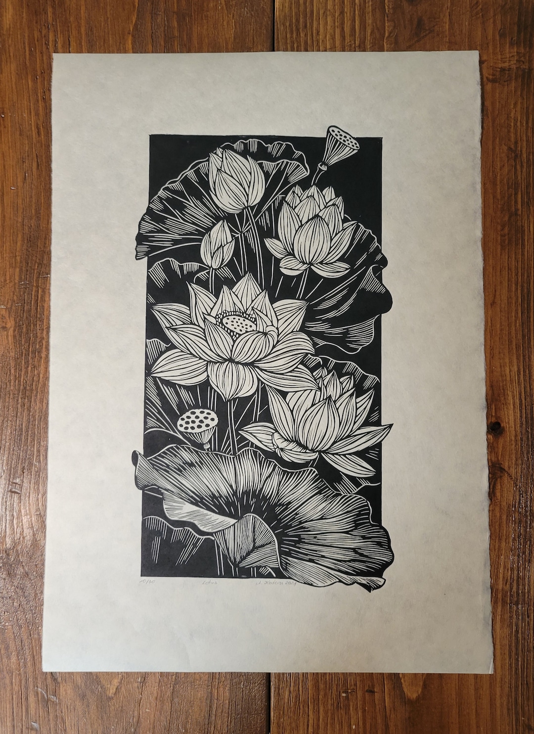 Lotus, Lino Print on Paper, Hand Printed, Signed, Contemporary Wall Art ...