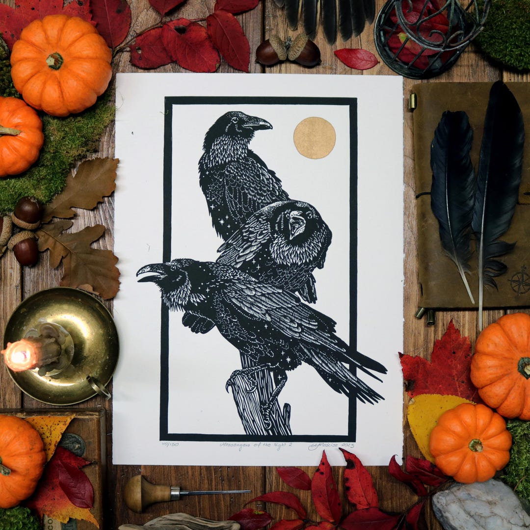 Ravens Lino Print: Limited Edition Hand-printed Witch Art (11x15 Inches ...