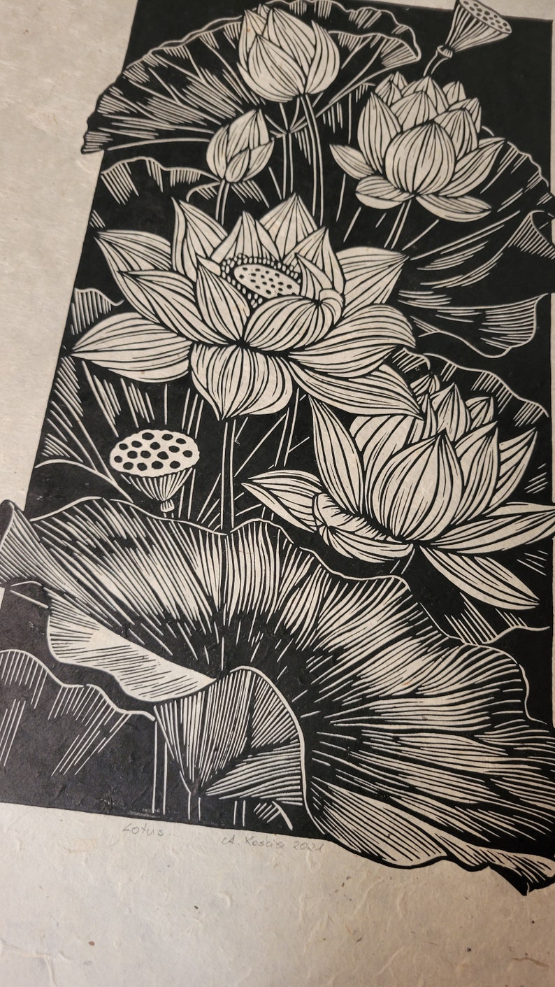 Lotus, Lino Print on Paper, Hand Printed, Signed, Contemporary Wall Art ...