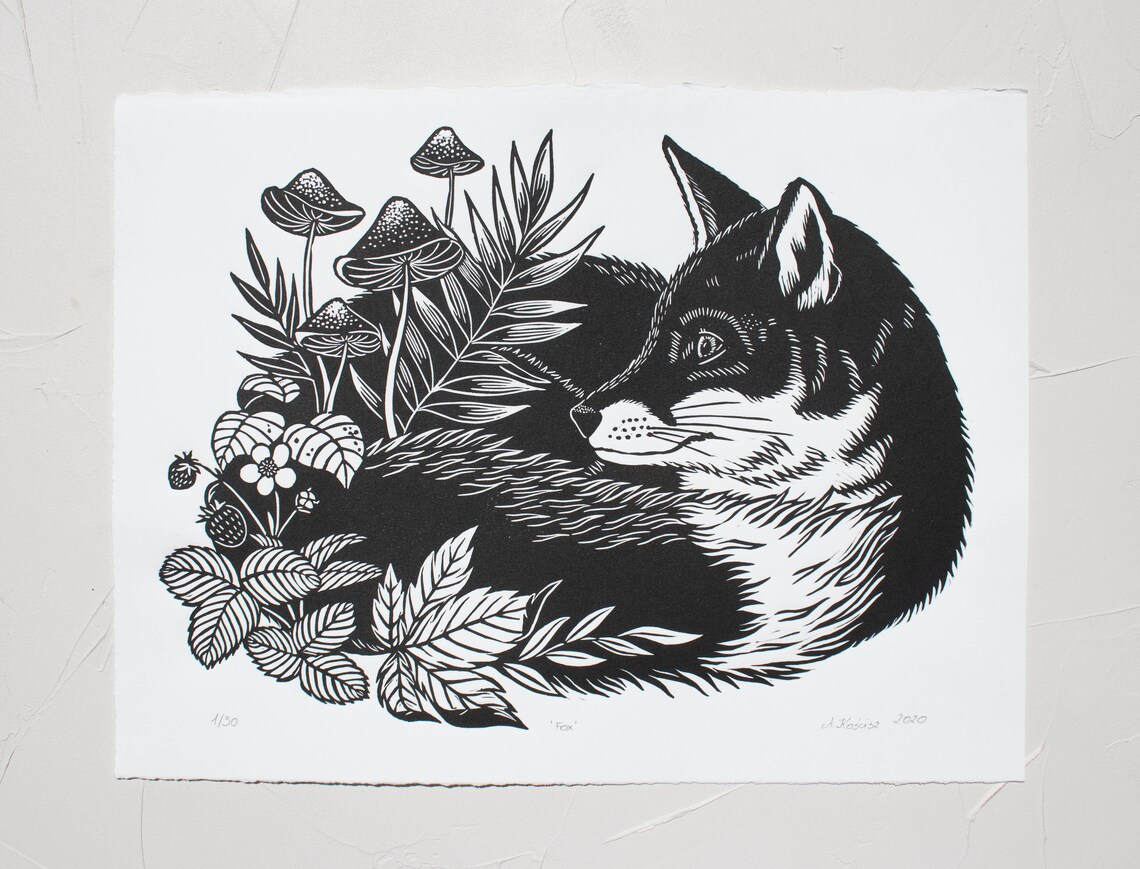 FOX Original Linocut on Paper Relief Print Hand Printed - Etsy Canada