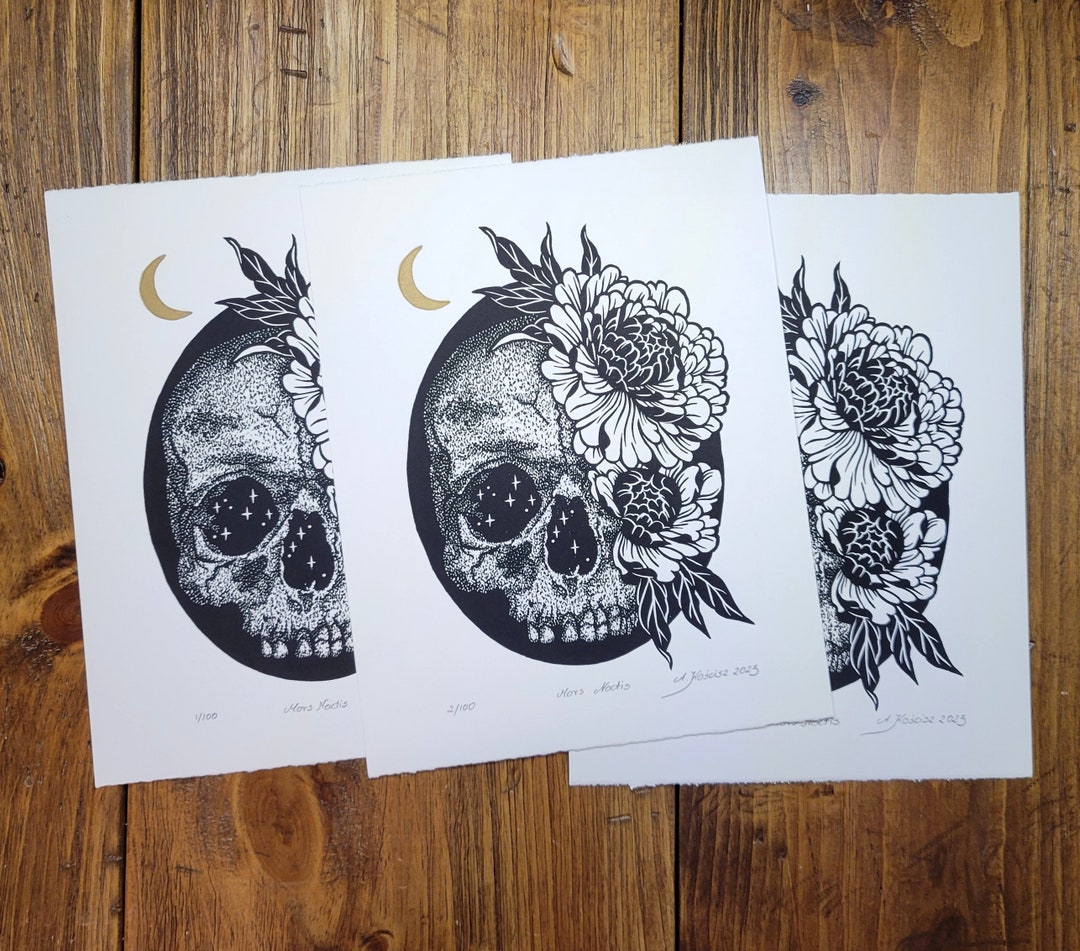 Mors Noctis Linocut Print: Skull & Flowers, Limited Edition - Etsy