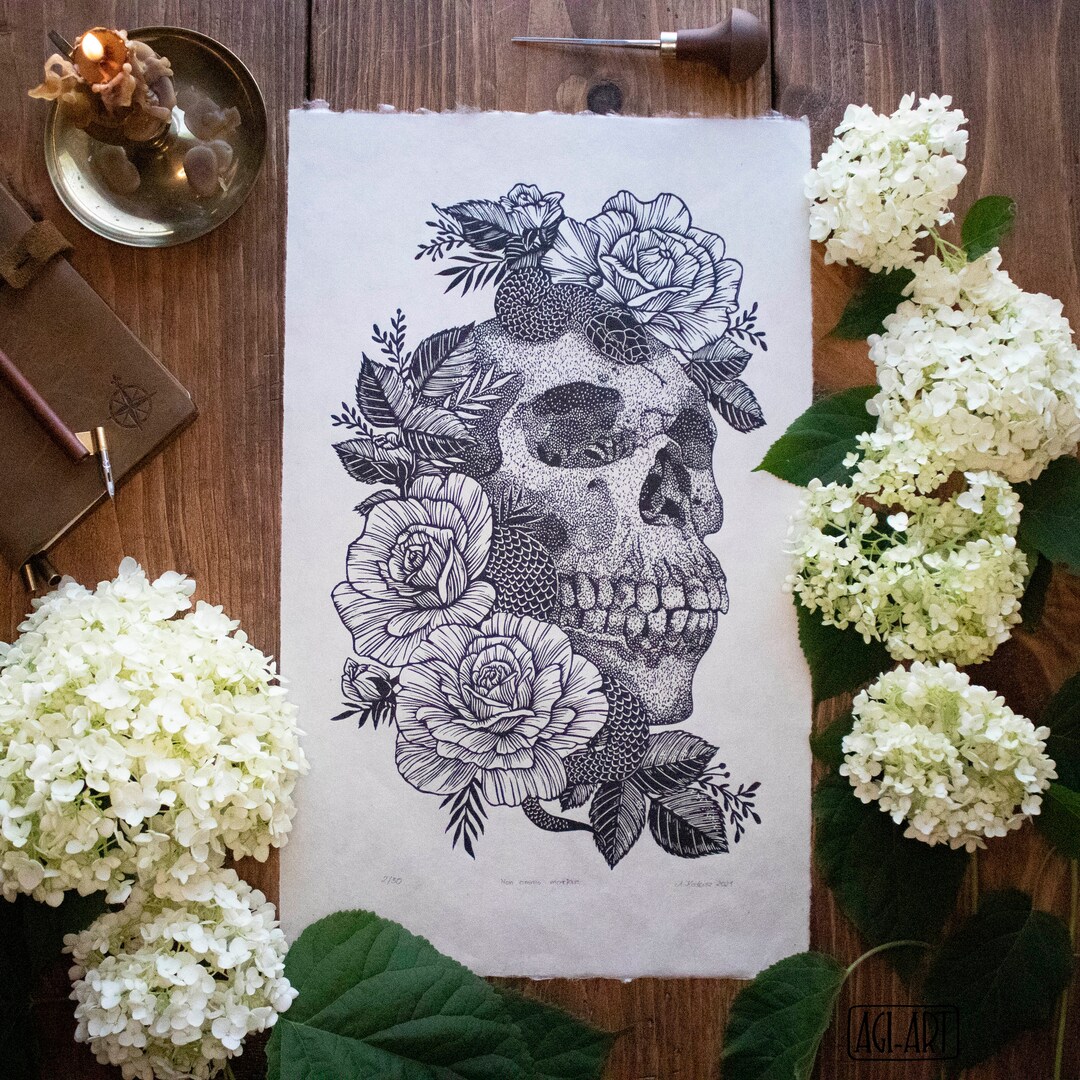 Skull Lino Print, Rose, Snake, Limited Edition, Fine Art, Hand Printed ...