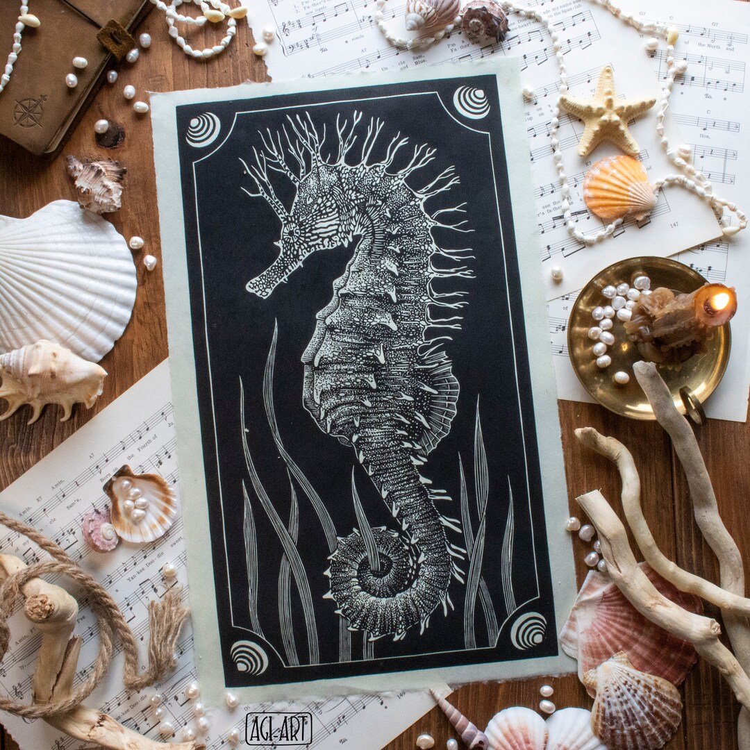 Seahorse, Original Linocut on Paper, Hand Printed, Signed, 10.25 X 17 ...
