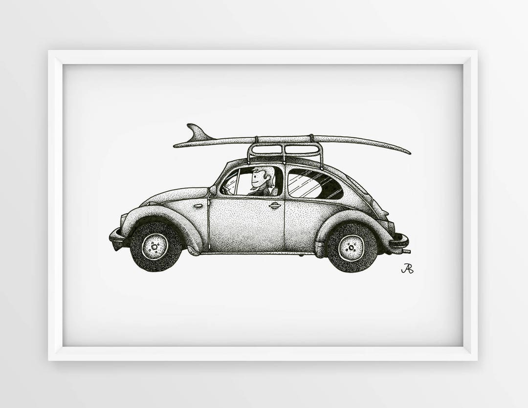 BEETLE BUM - German Classic Car Art Print, Surf Wagen Illustration, Surfing Retro Vehicle Wall ...