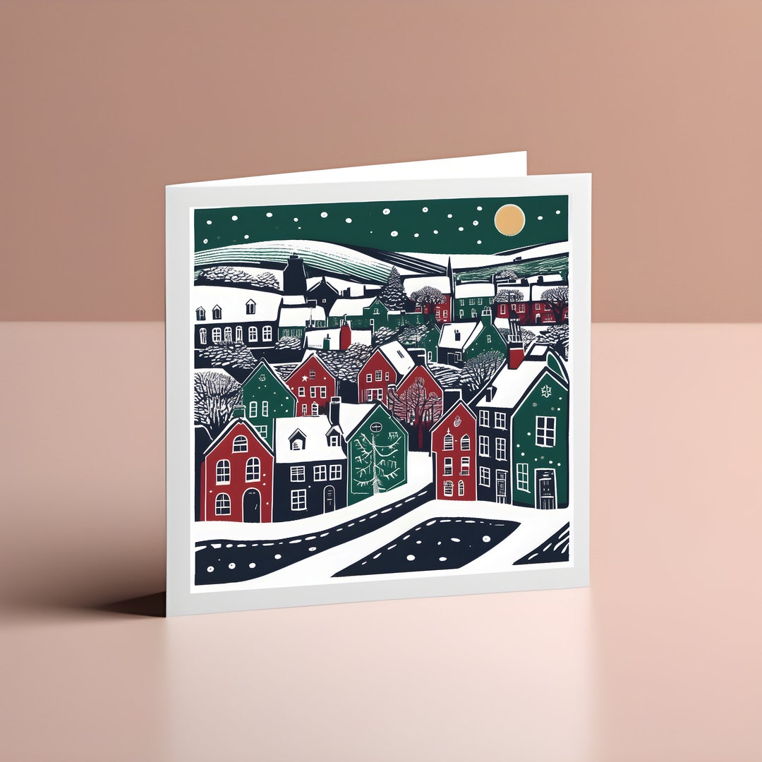 Midwinter Market Town - Linocut Inspired Christmas Card - Welsh Xmas ...