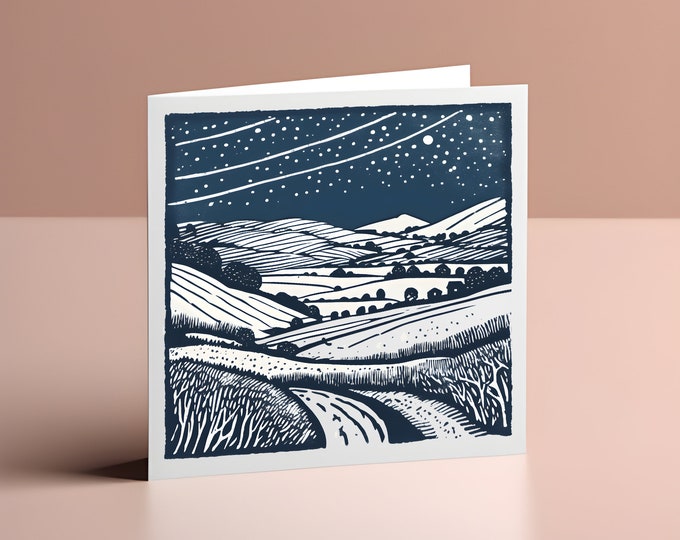 Linocut Winter Landscape Card | Original Lino Printed Christmas Card ...