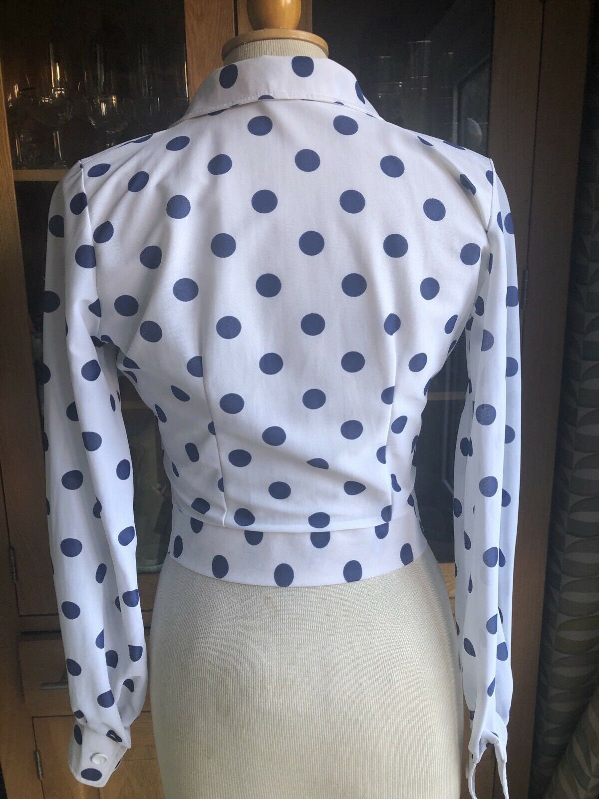 Vintage Damas 1970s Azul Polka Punto Spot Blusa Recortada Gran Collar ...