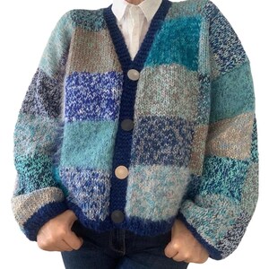 Patchwork Oversized Cardigan Hand Knitted Blue&gray Cardigan - Etsy