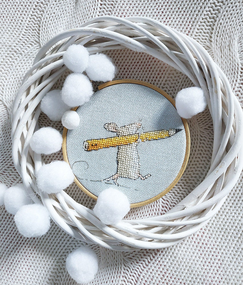 Mouse With Pencil Cross Stitch Pattern Cute White Mouse Cross - Etsy