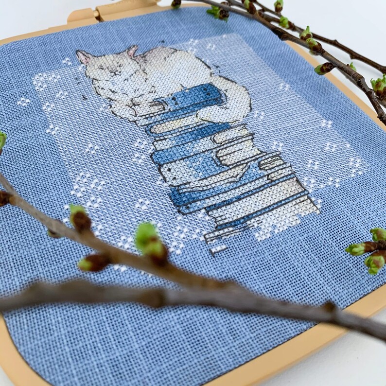 Cat on the Books Cross Stitch Pattern Sleeping Cat Cross Stitch Books ...