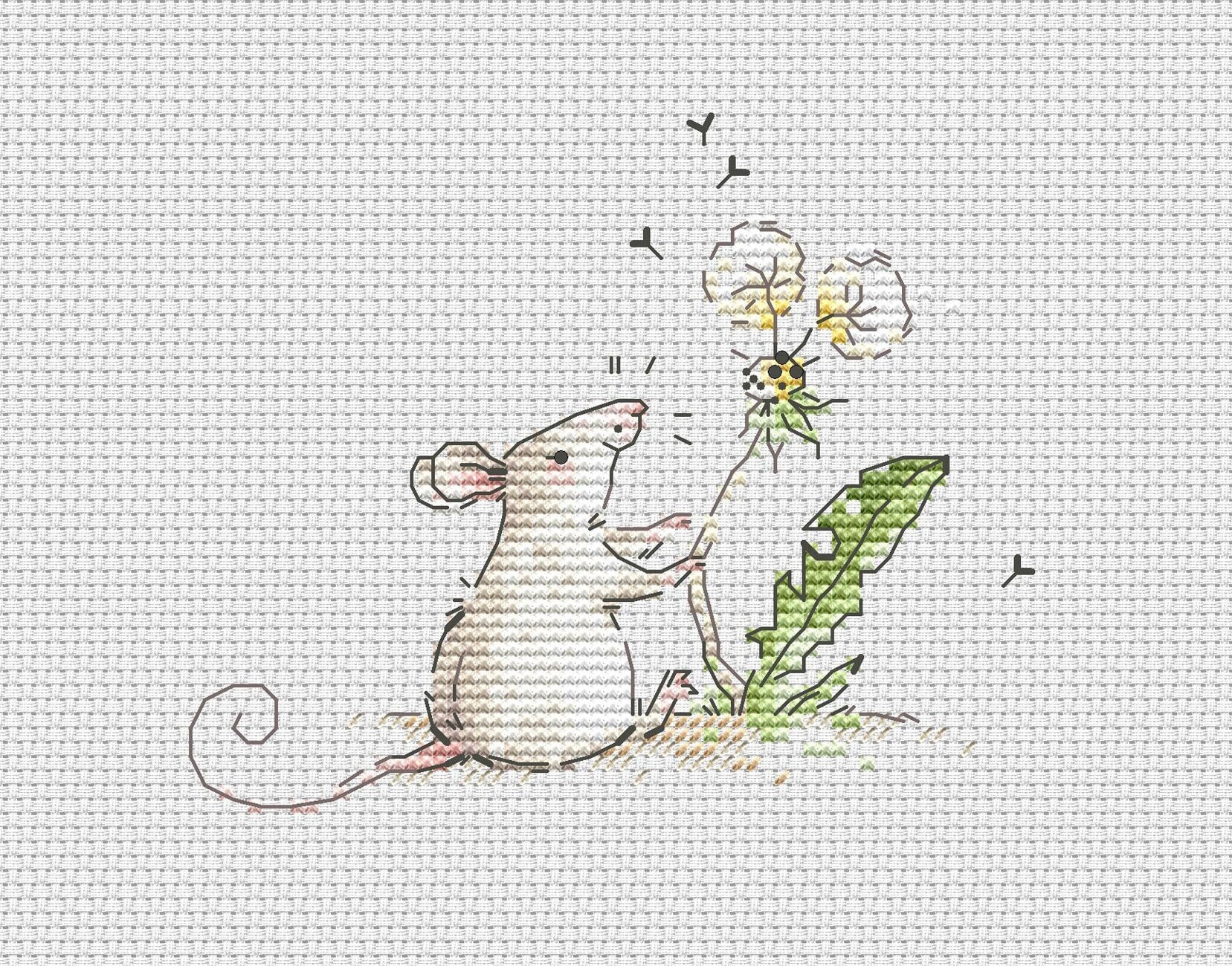 White Mouse With Dandelion Cross Stitch Pattern Little Mouse | Etsy