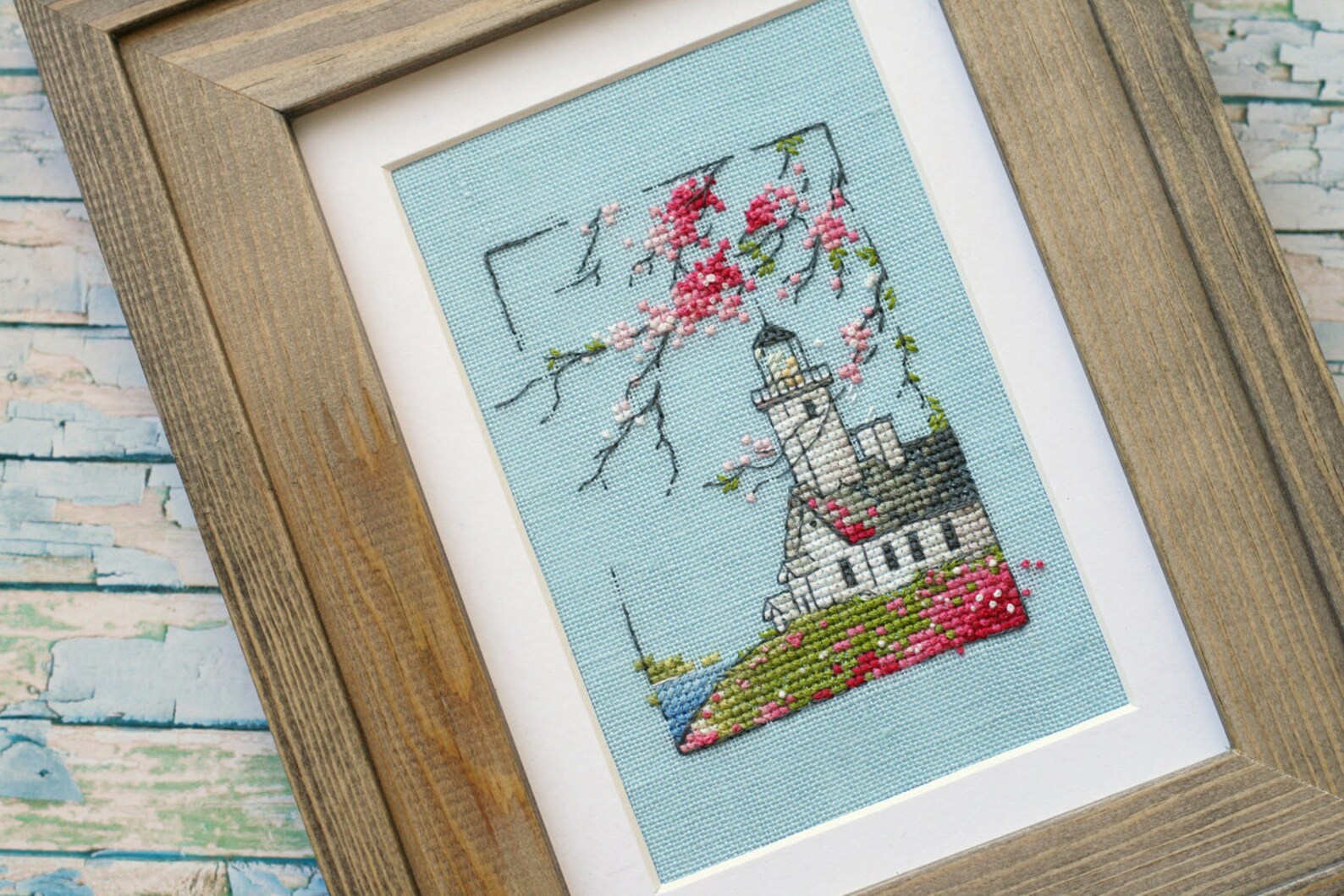Lighthouse with flowers cross stitch pattern sakura cross | Etsy