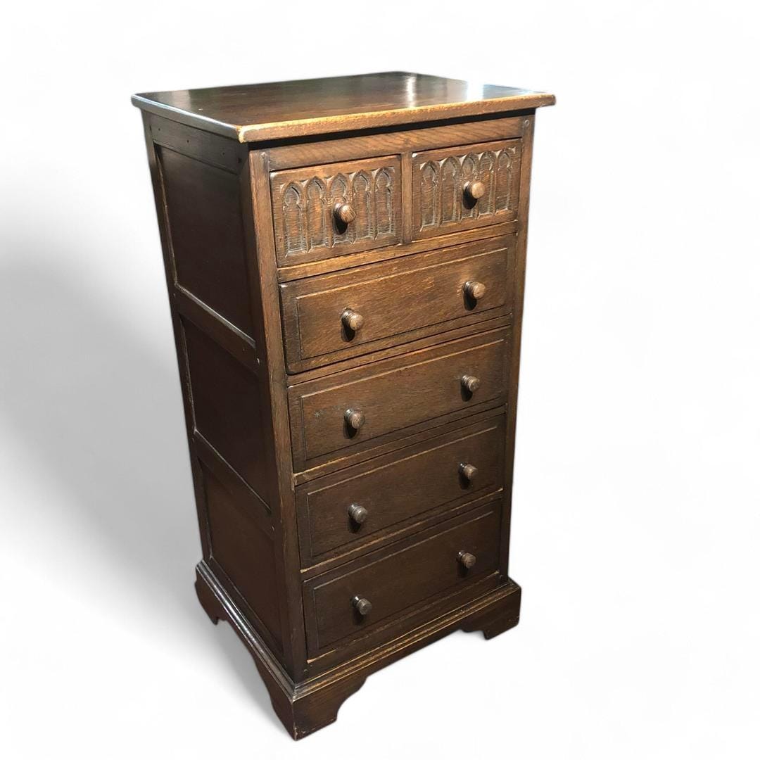 Vintage Oak Tall Narrow Chest of Drawers in Medieval Style - Etsy