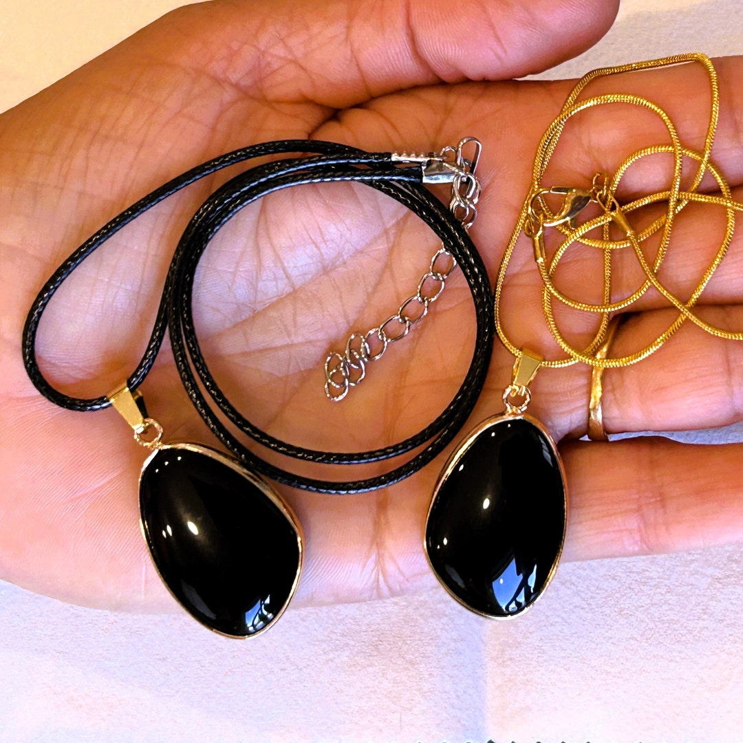 Obsidian Necklace, Natural Semiprecious Stone, Gold Plated Brass Bezel ...