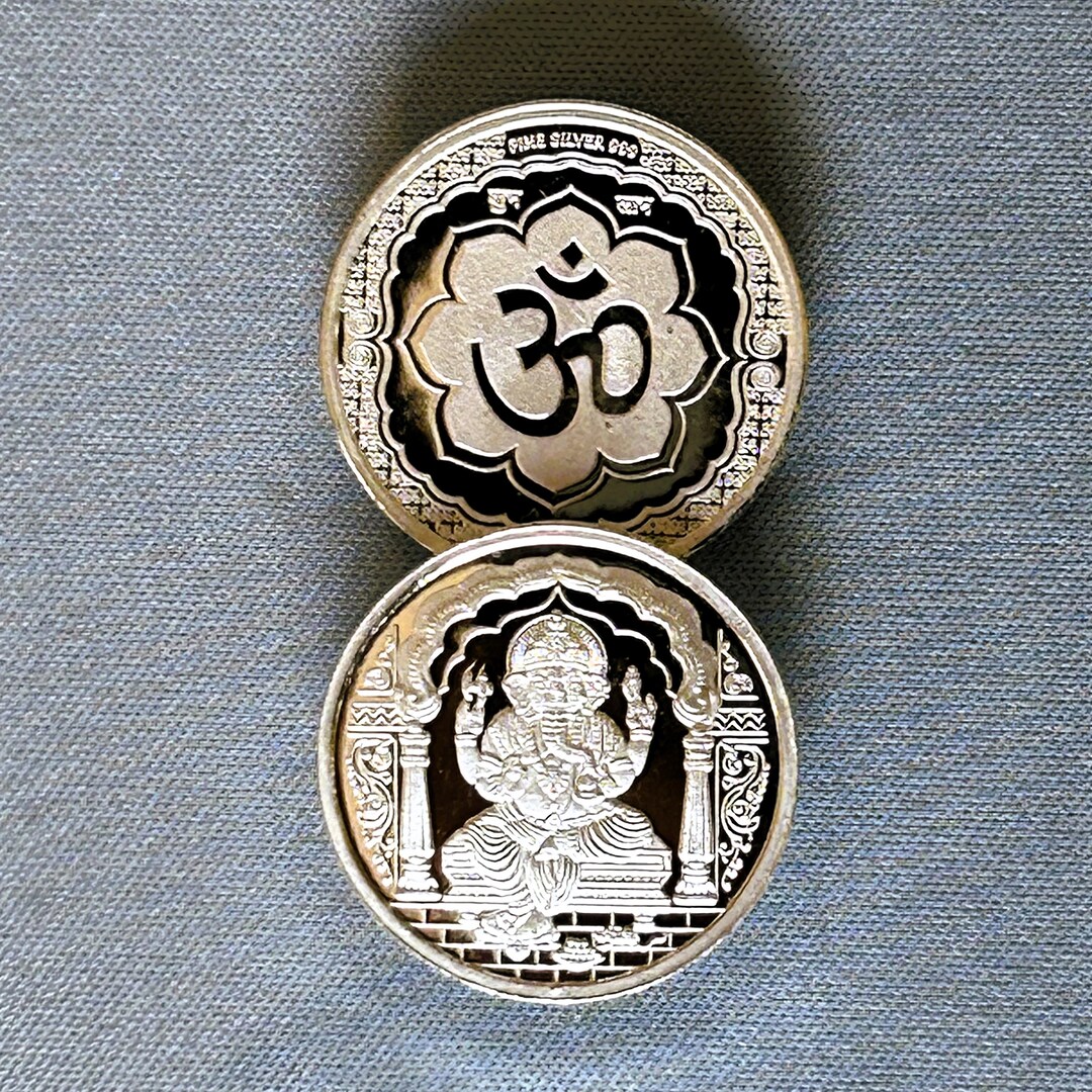 OM Ganesh Coin: 5 G, 99.9 Silver, OM on One Side and Ganesh on Other Side. Excellent Finish ...