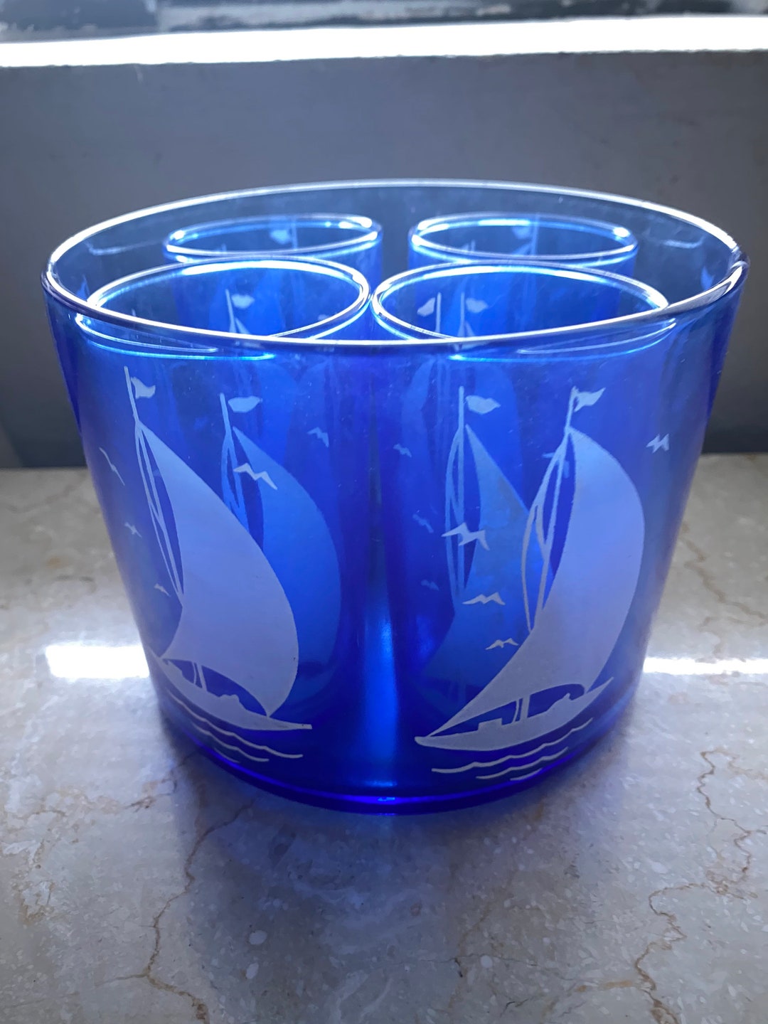 Antique Art Deco Ice Bucket Hazel Atlas Cobalt Blue Ship Glasses - Etsy
