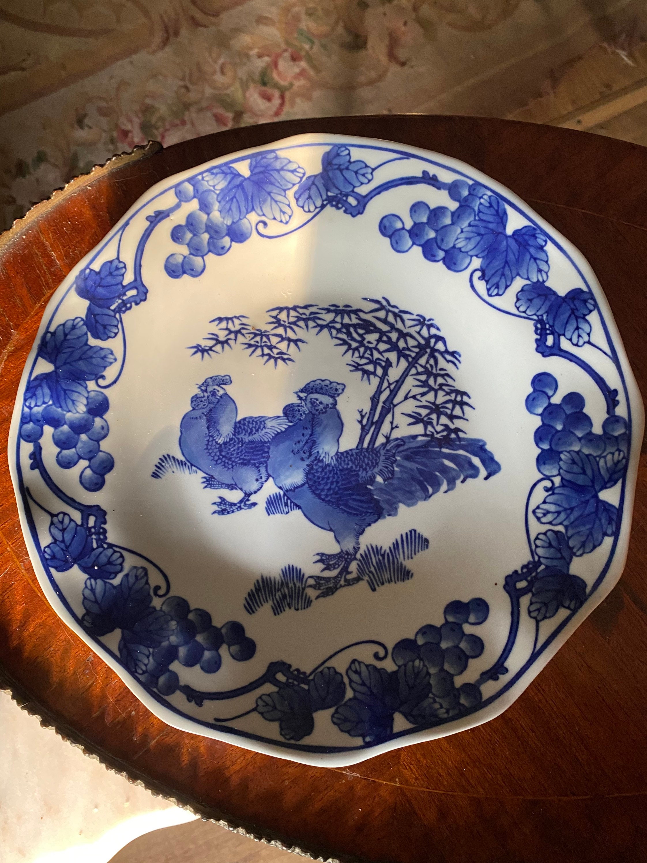 Vintage French Country Large Dark Blue and White Rooster Plate ...