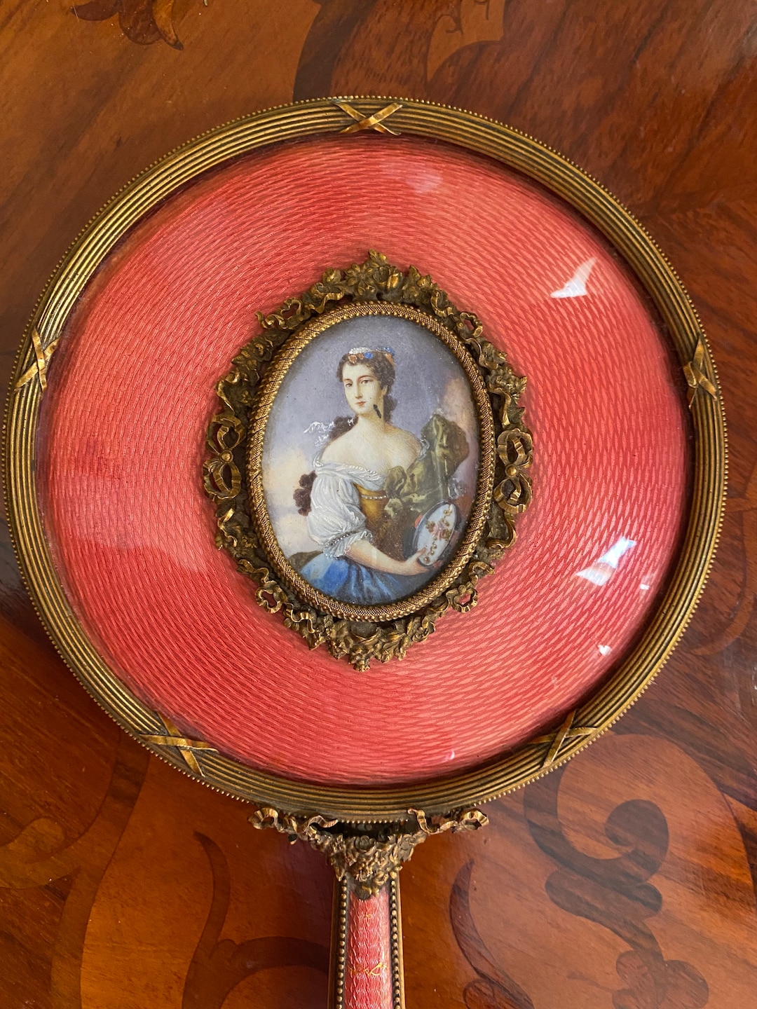 Antique Rare Guilloche 19th C Hand Portrait Mirror Bronze and Gold ...