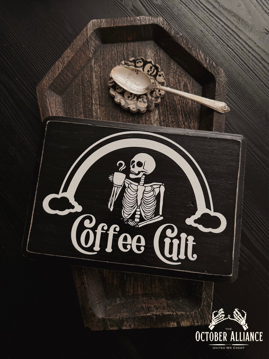 Skeleton Coffee Cult Wood Sign: Gothic Home, Spooky Coffee Bar Decor - Etsy