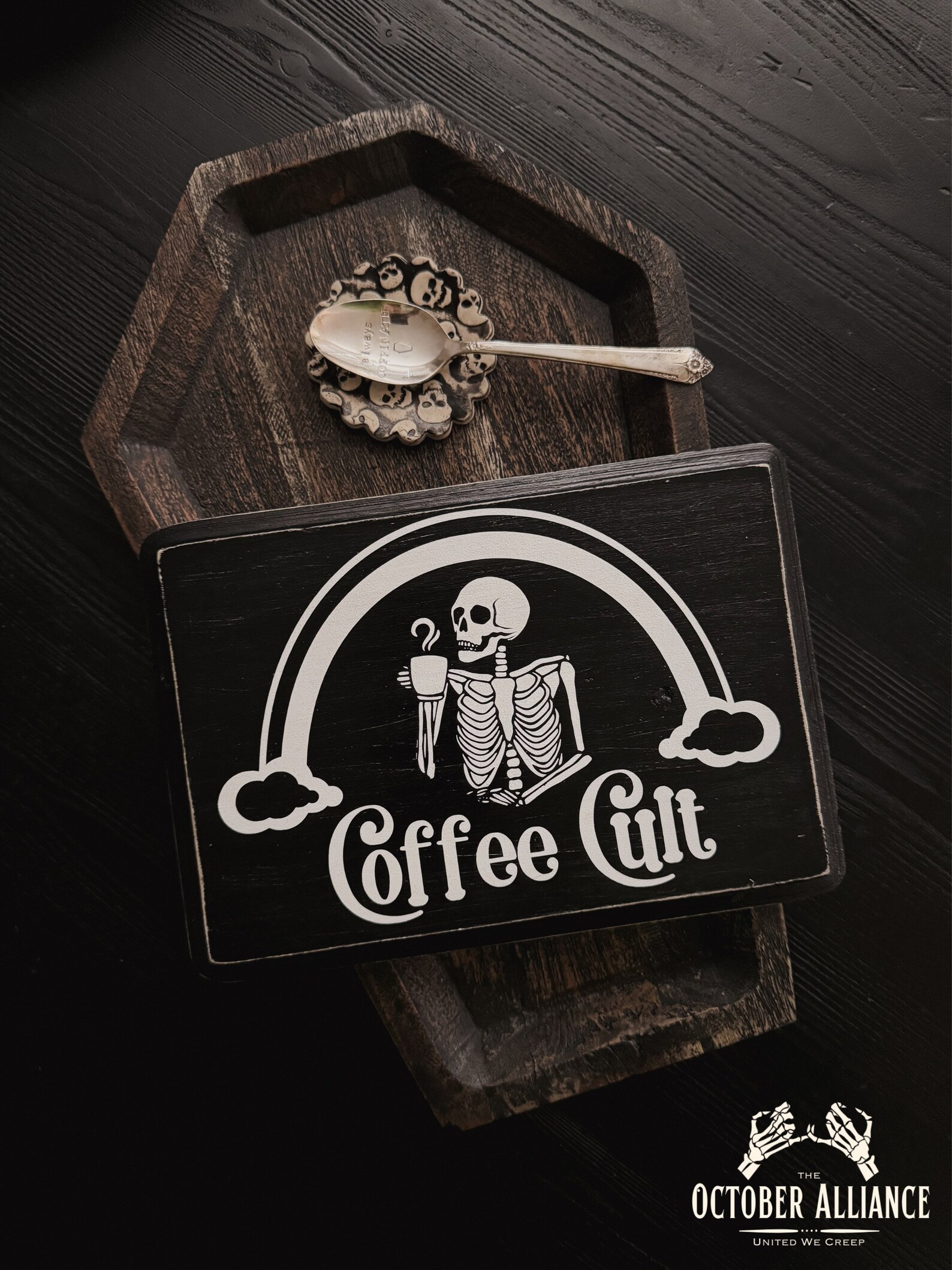 Skeleton Coffee Cult Wood Sign: Gothic Home, Spooky Coffee Bar Decor - Etsy