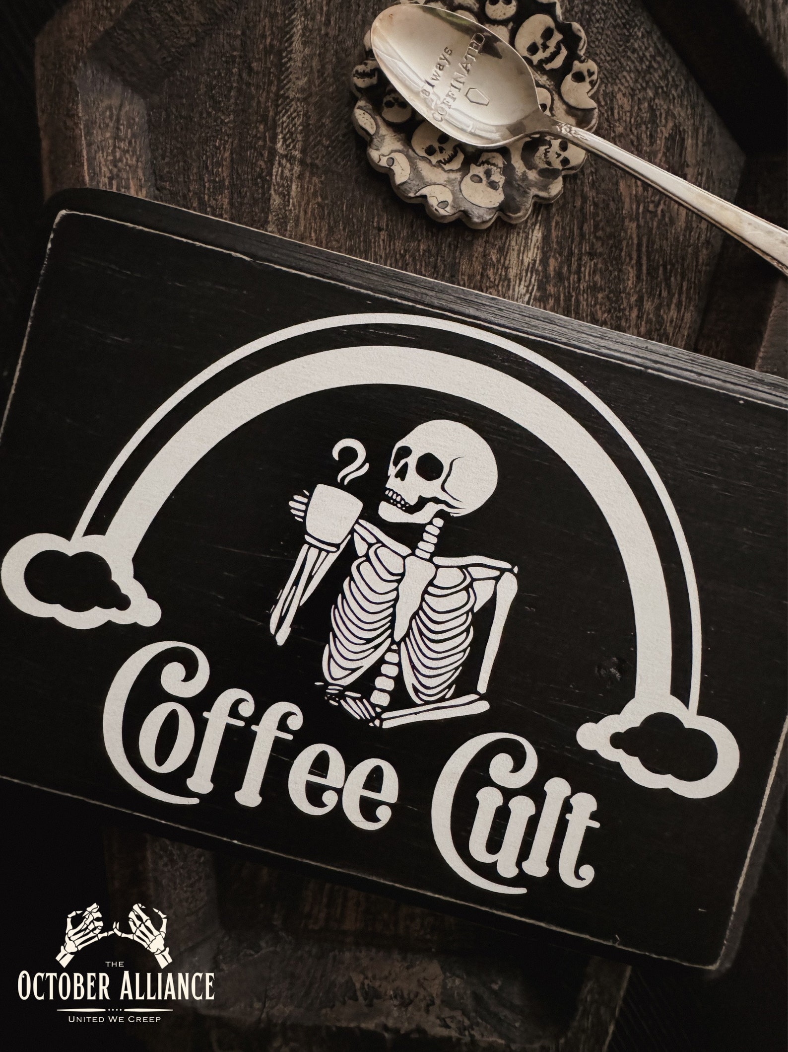 Skeleton Coffee Cult Wood Sign: Gothic Home, Spooky Coffee Bar Decor - Etsy