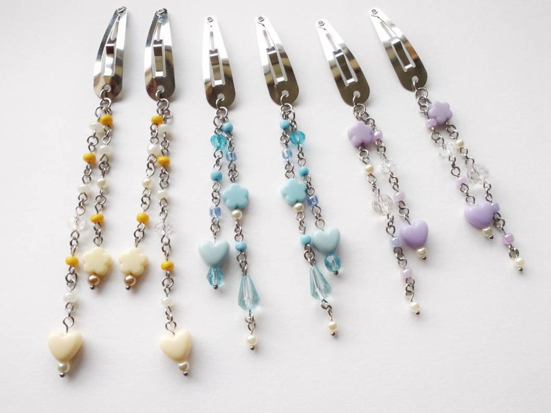 Beaded Dangle Hairclips, Bead Hair Clip Pair, Pastel Blue Yellow or ...
