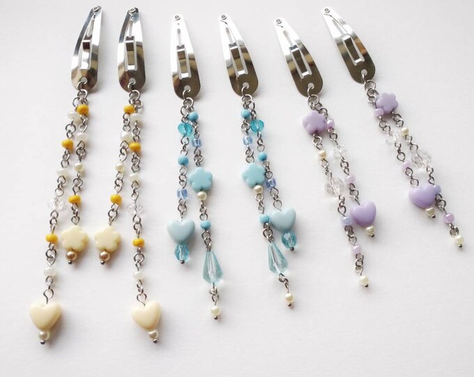 Beaded Dangle Hairclips, Bead Hair Clip Pair, Pastel Blue Yellow or ...