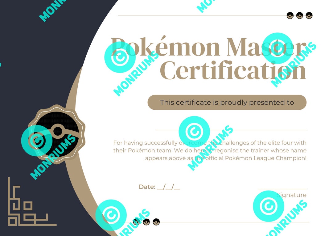 Pokemon Master Certification / Digital Download / Custom Pokemon League ...
