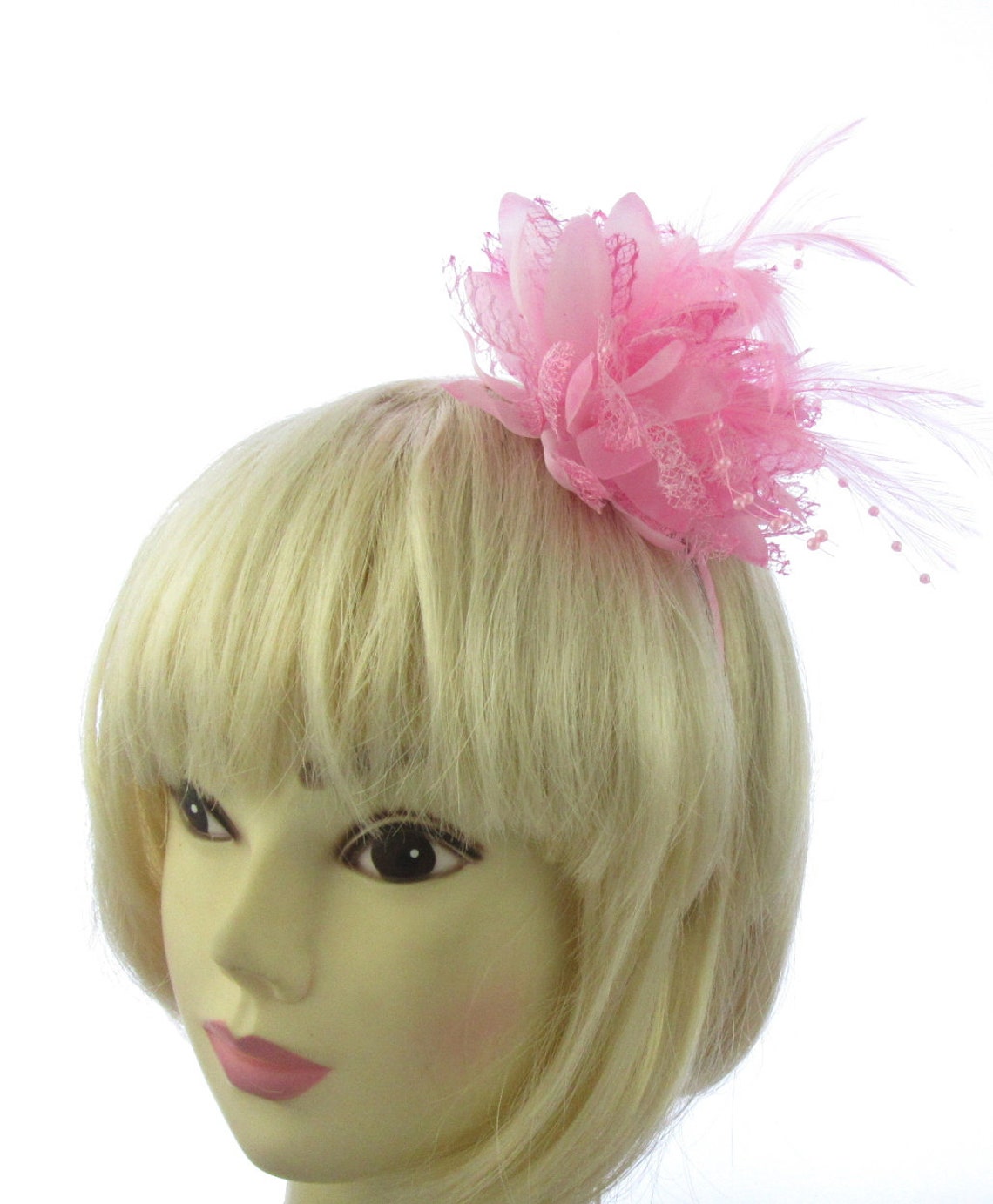 Light Pink Fascinator With Lace and Beading on a Headband. | Etsy UK