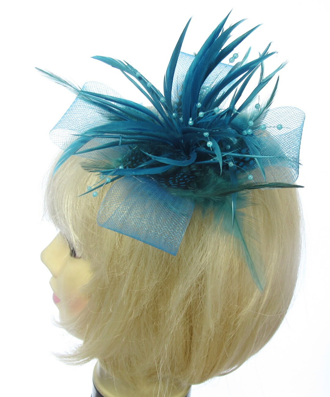 Teal Blue Fascinator Net and Feather on a Clip ,weddings, Races, Prom ...
