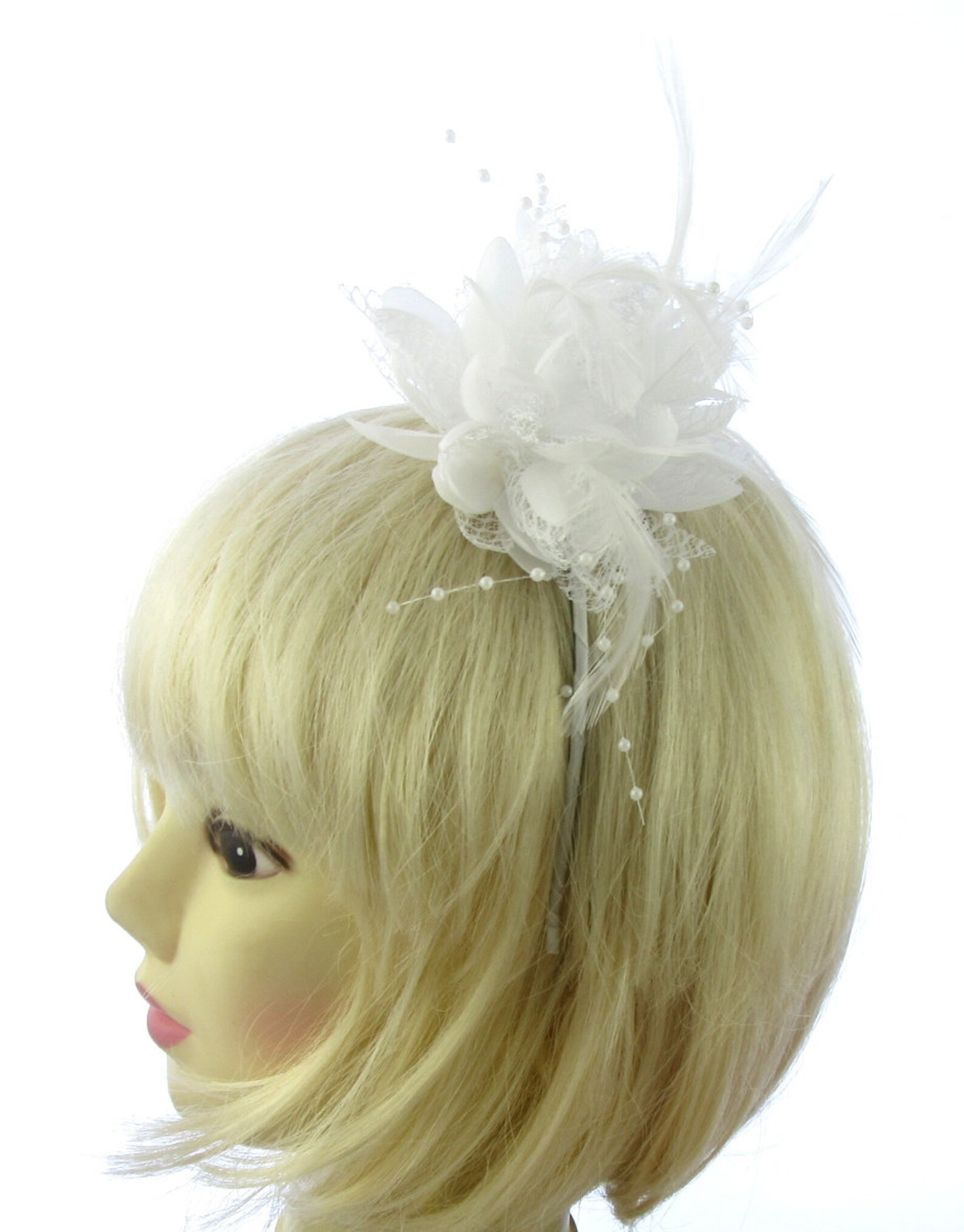 White Fascinator Lace and Feather Headband Weddings Races | Etsy