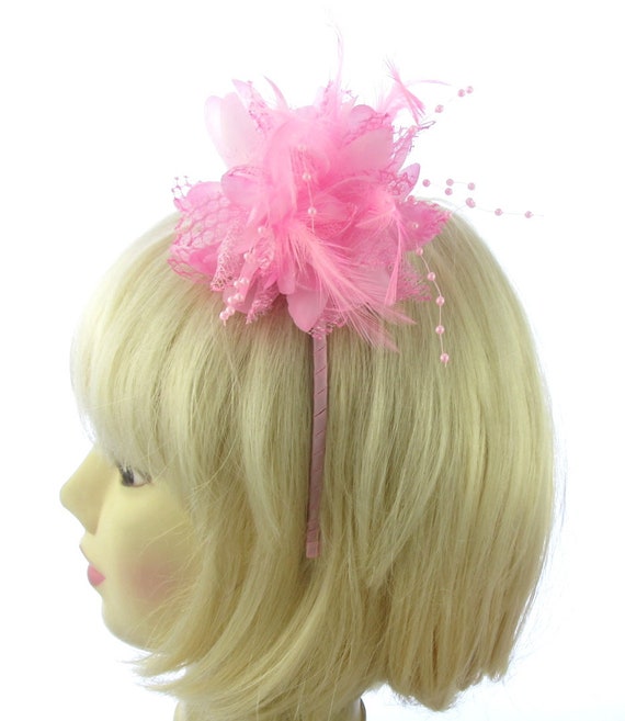 Light Pink Fascinator With Lace and Beading on a Headband. | Etsy UK