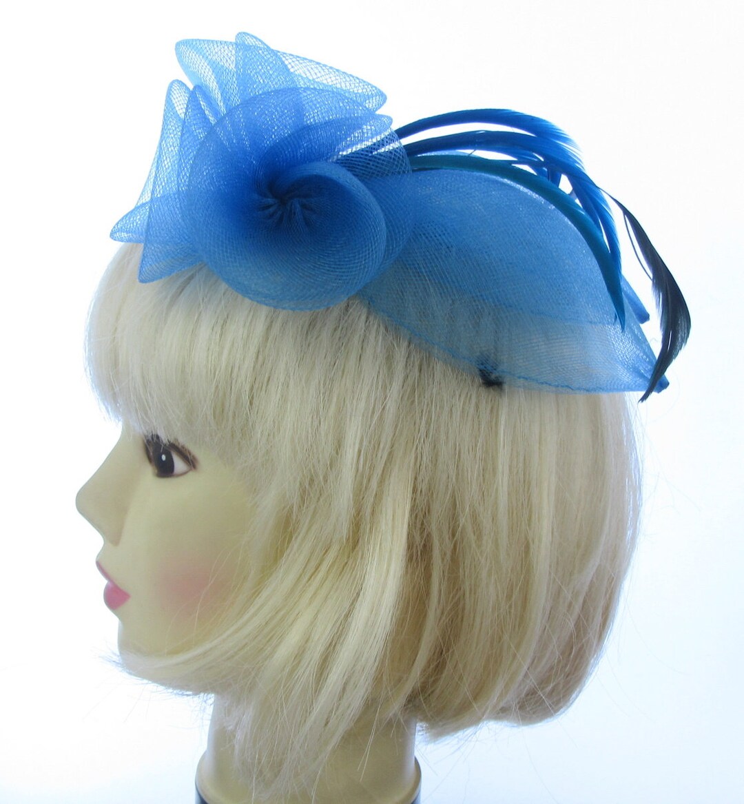 Teal Blue Fascinator Mesh and Feather Comb Weddings Races Prom Ladies ...